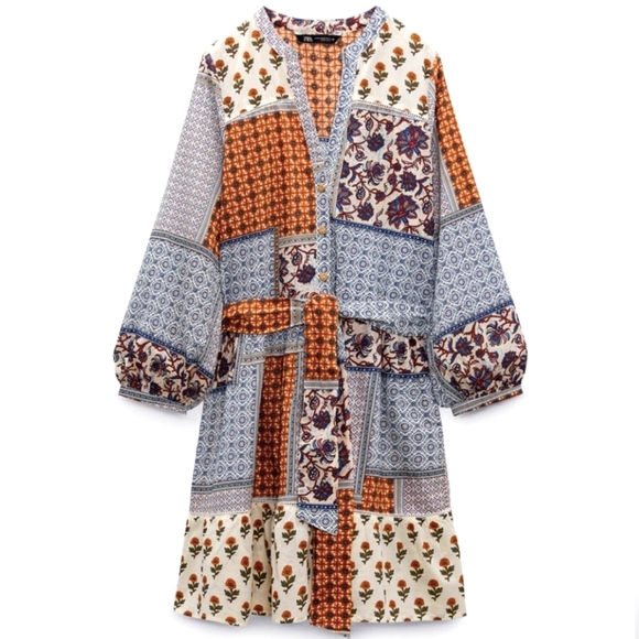 Zara | Dresses | Zara Sz L Patchwork Cottagecore Short Dress With Belt ...